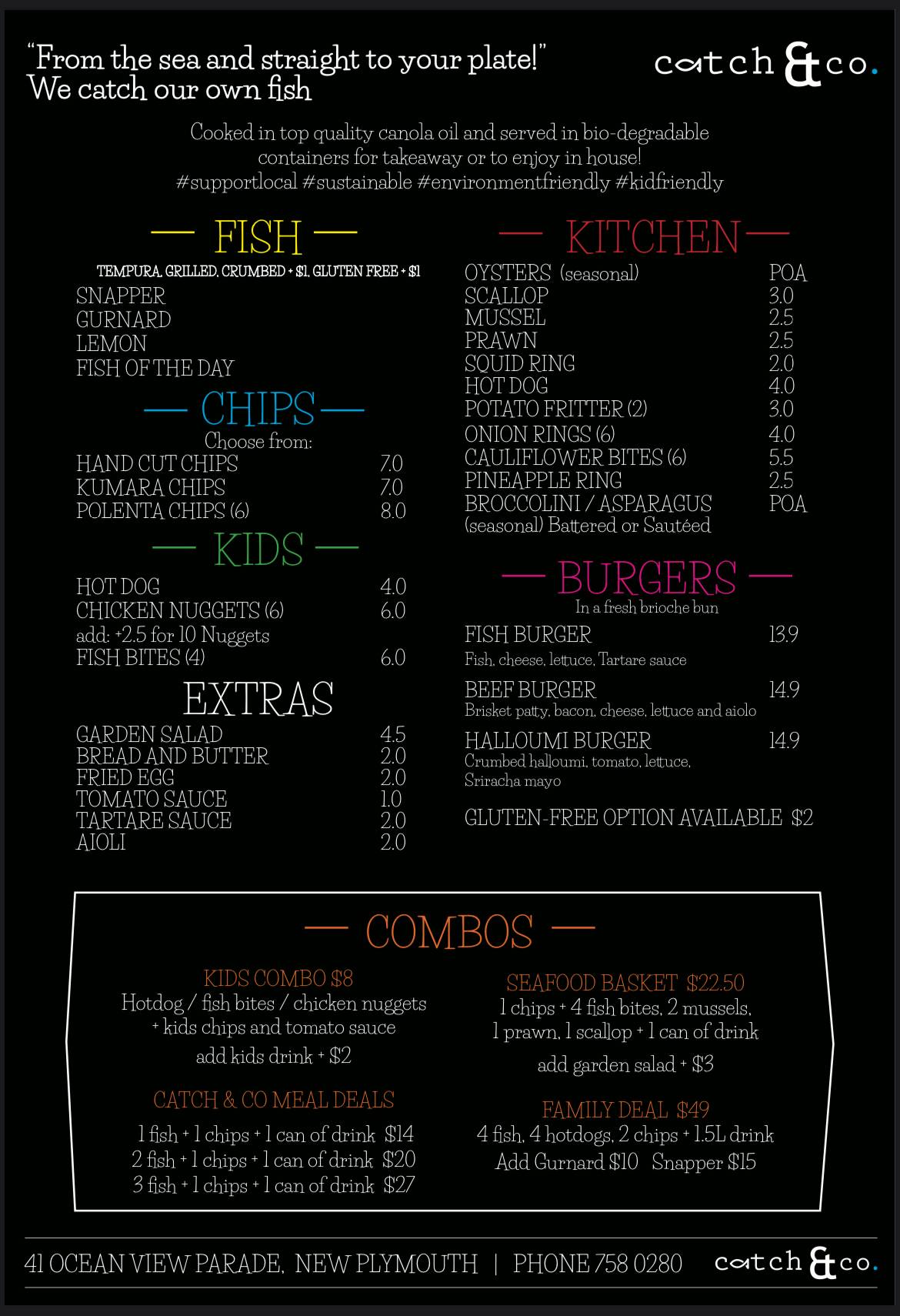 Menu at Catch & Co. restaurant, New Plymouth