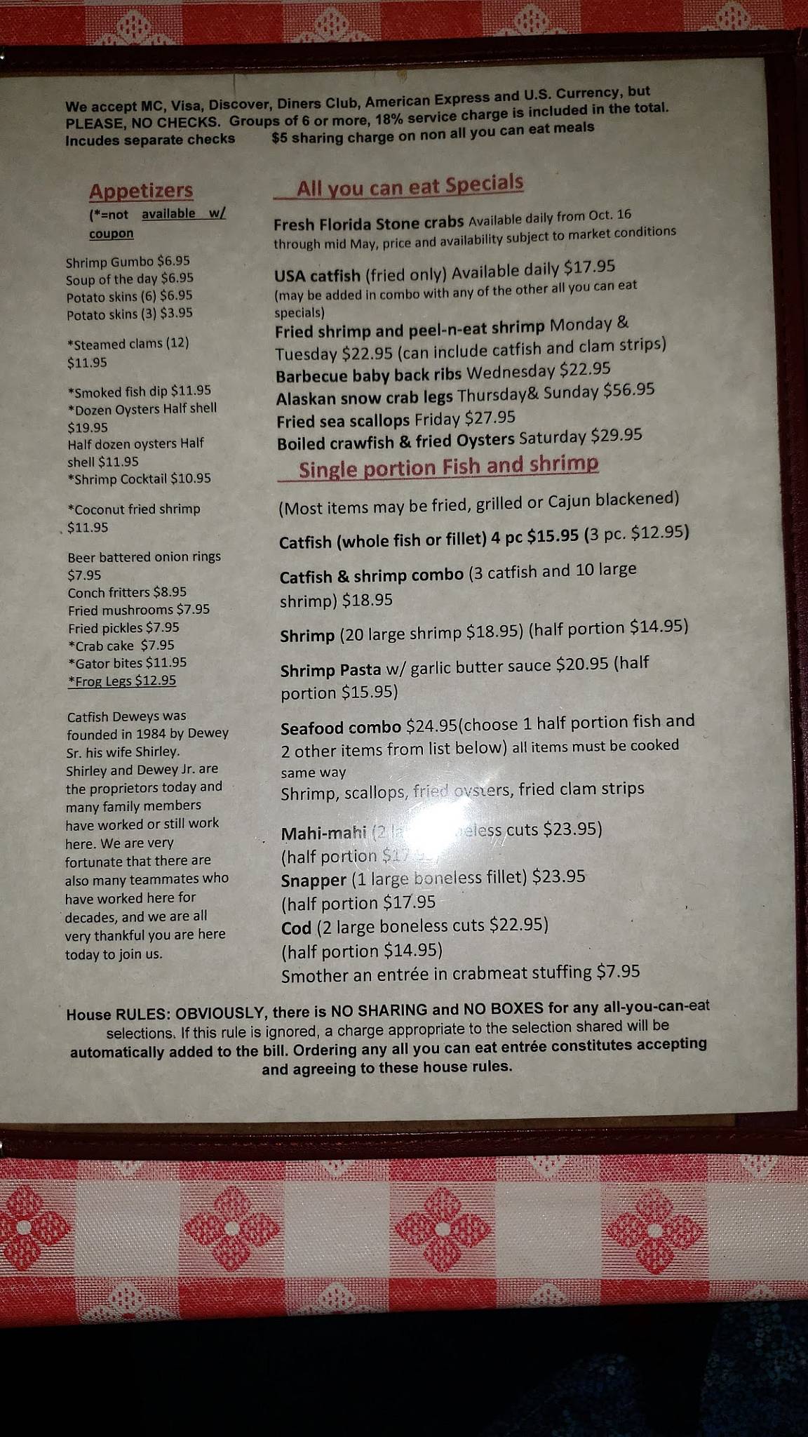 Menu at Catfish Deweys restaurant, Fort Lauderdale