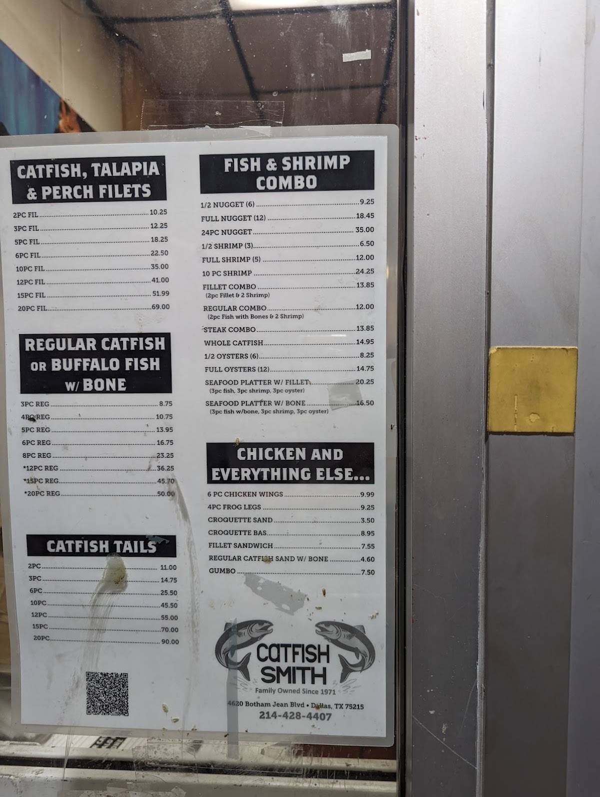 Menu at Catfish Smith Foods To Go restaurant, Dallas, Botham Jean Blvd