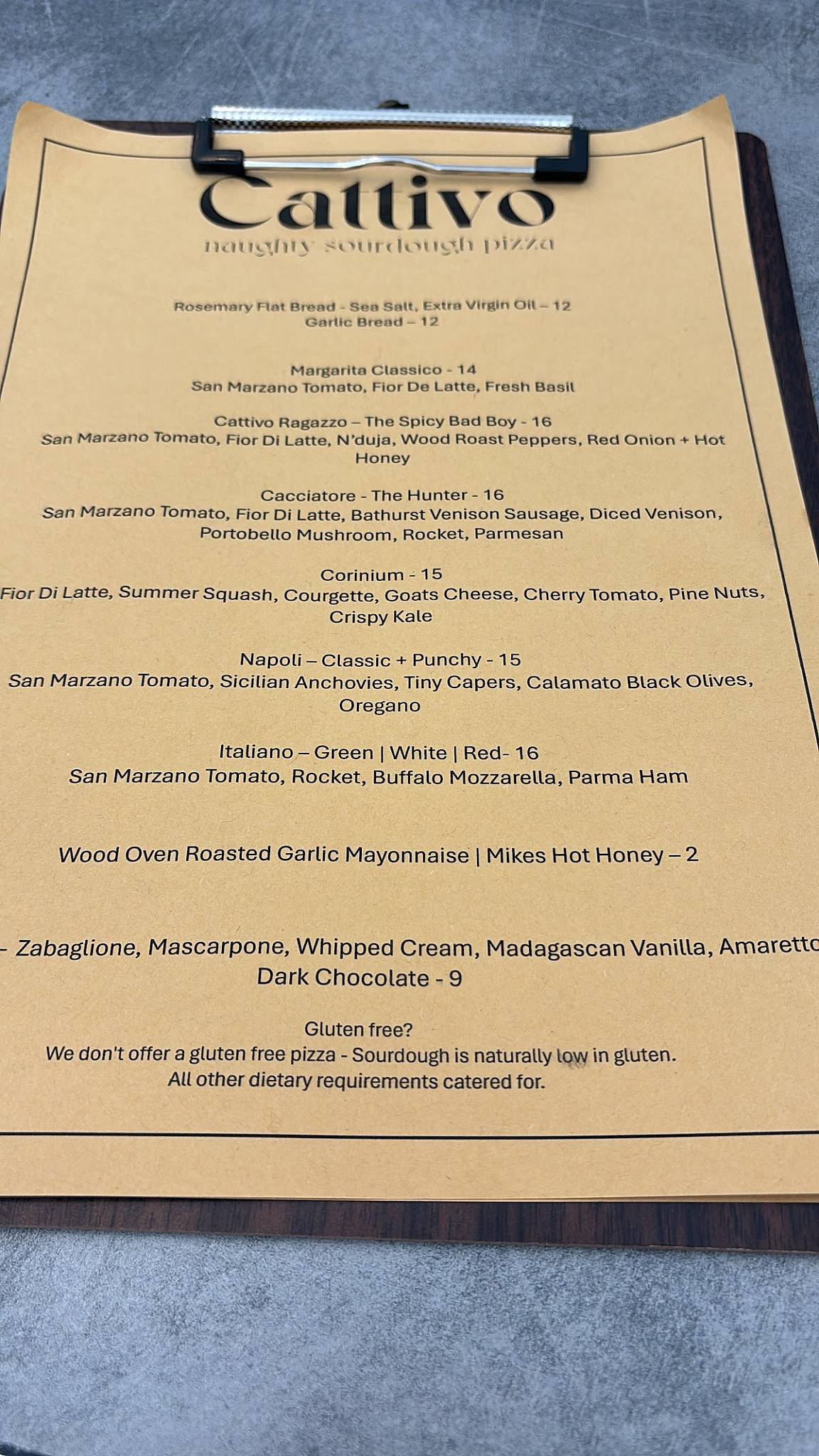 Menu at Cattivo Pizza restaurant, Cirencester