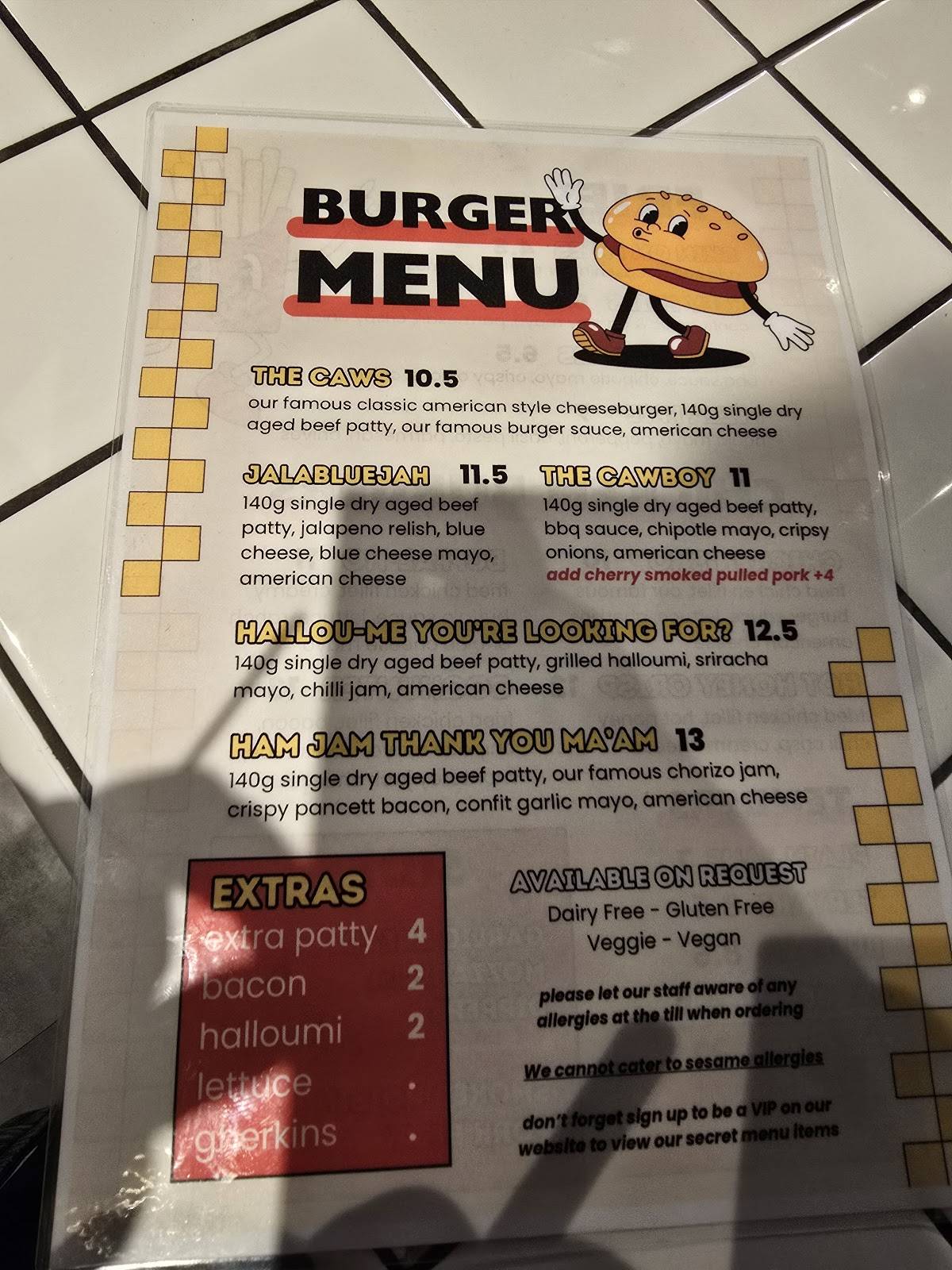 Menu at Cawsburger Hitchin restaurant, Hitchin