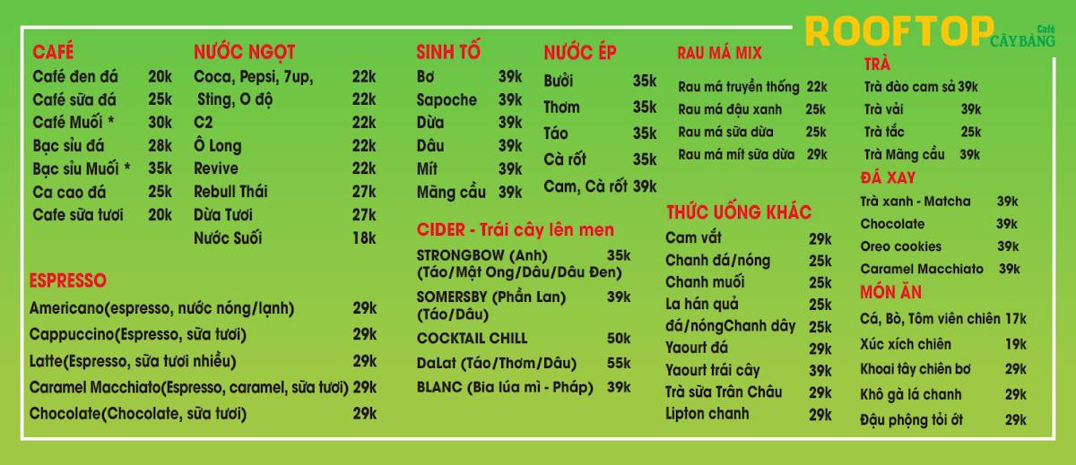 Menu at Cây Bàng Rooftop cafe, Ho Chi Minh City