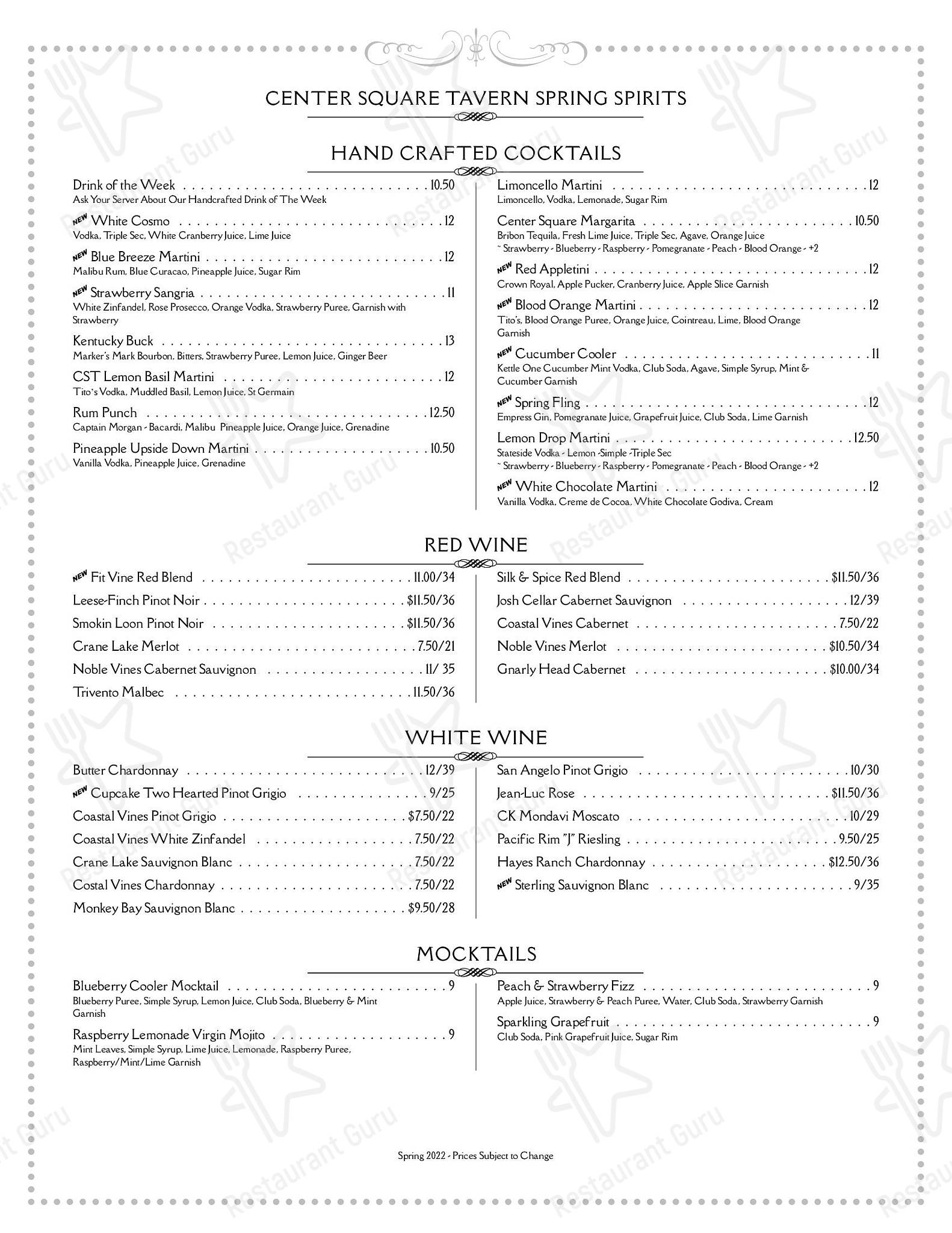 Menu at Center Square Tavern pub & bar, Swedesboro