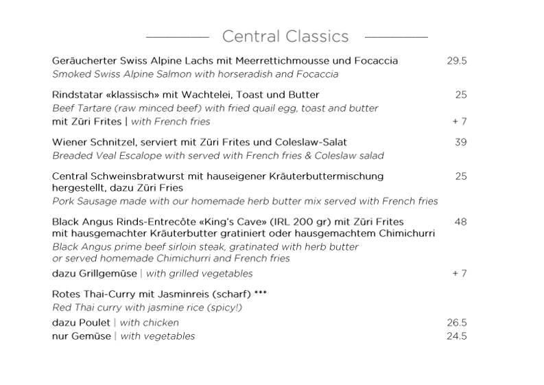 Menu at Central 1, Zürich