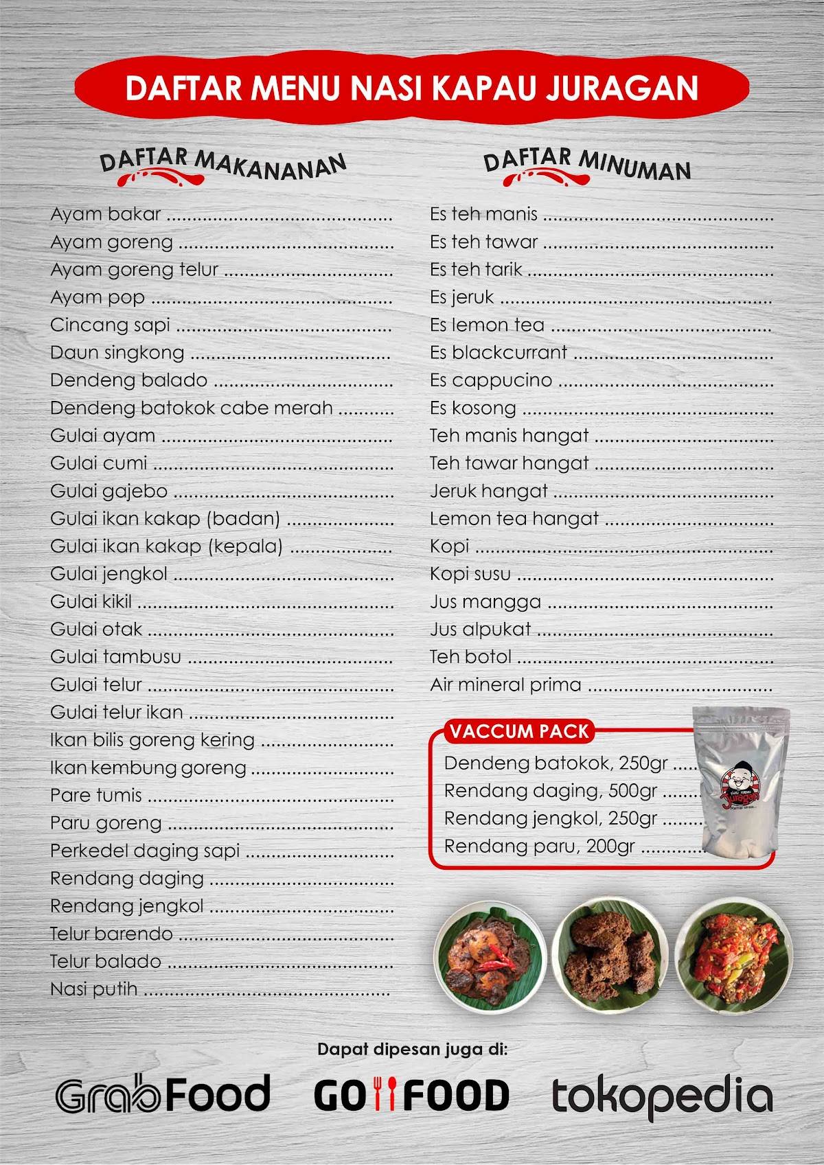 Carta del restaurante Nasi Kapau Juragan Cikini, Central Jakarta
