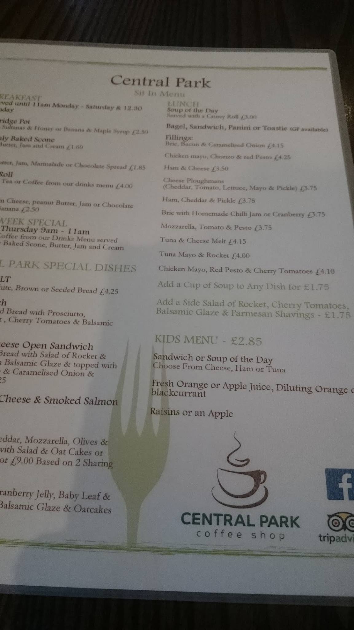 Menu at Central Park cafe, Kilmarnock