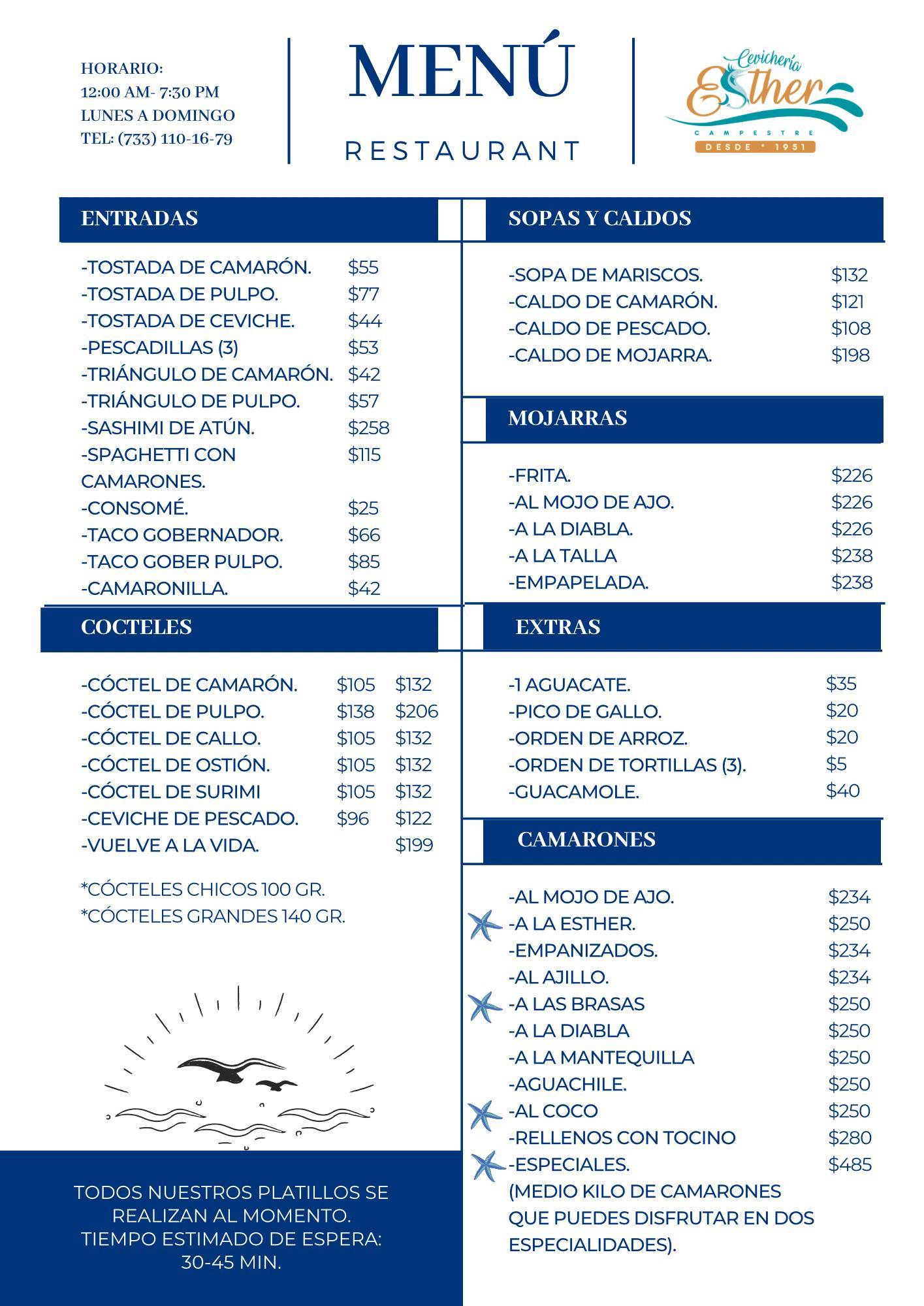 Carta del restaurante Cevicheria Esther, Iguala del la Independencia