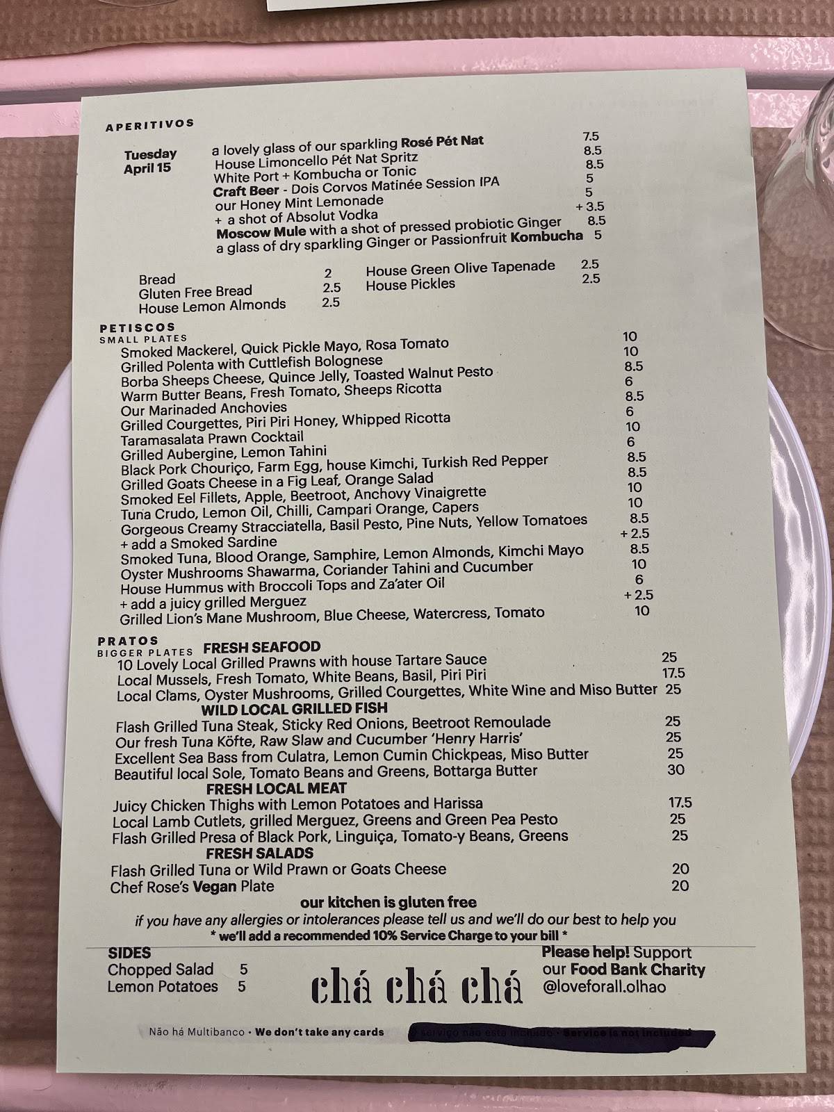Menu at Chá Chá Chá restaurant, Olhão, Tv. do Gaibéu 19