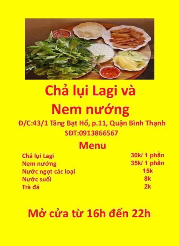 Menu at Chả Lụi Lagi & Nem Nướng, Ho Chi Minh City, 43 Tăng Bạt Hổ