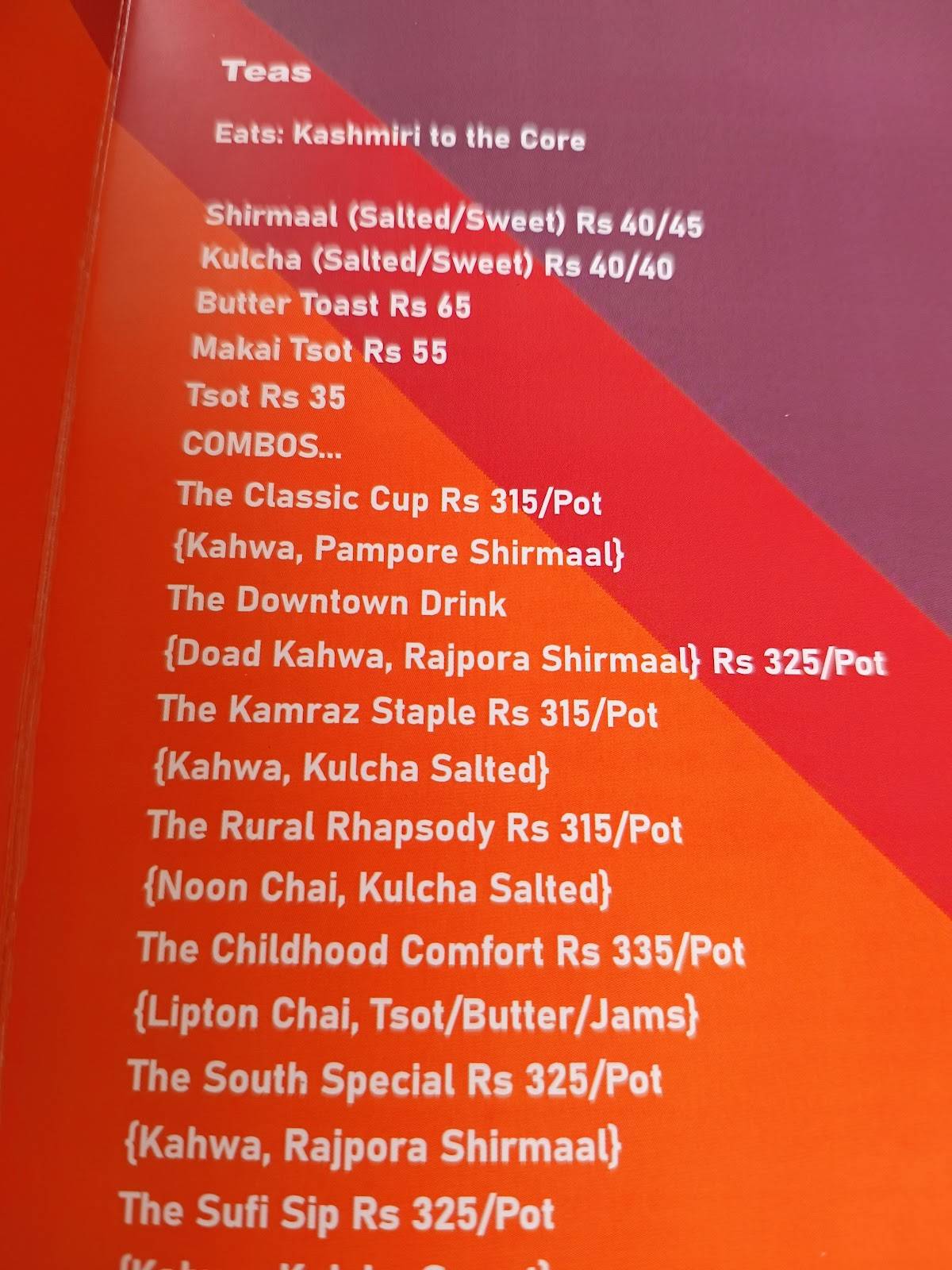 Menu at Chai Jaai, Srinagar, The Bund Road