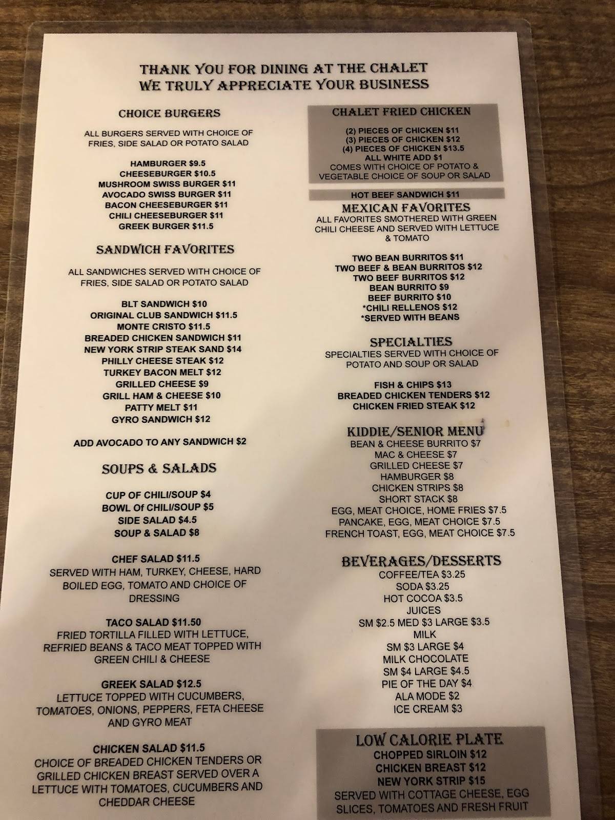 Menu at Chalet restaurant, Wheat Ridge