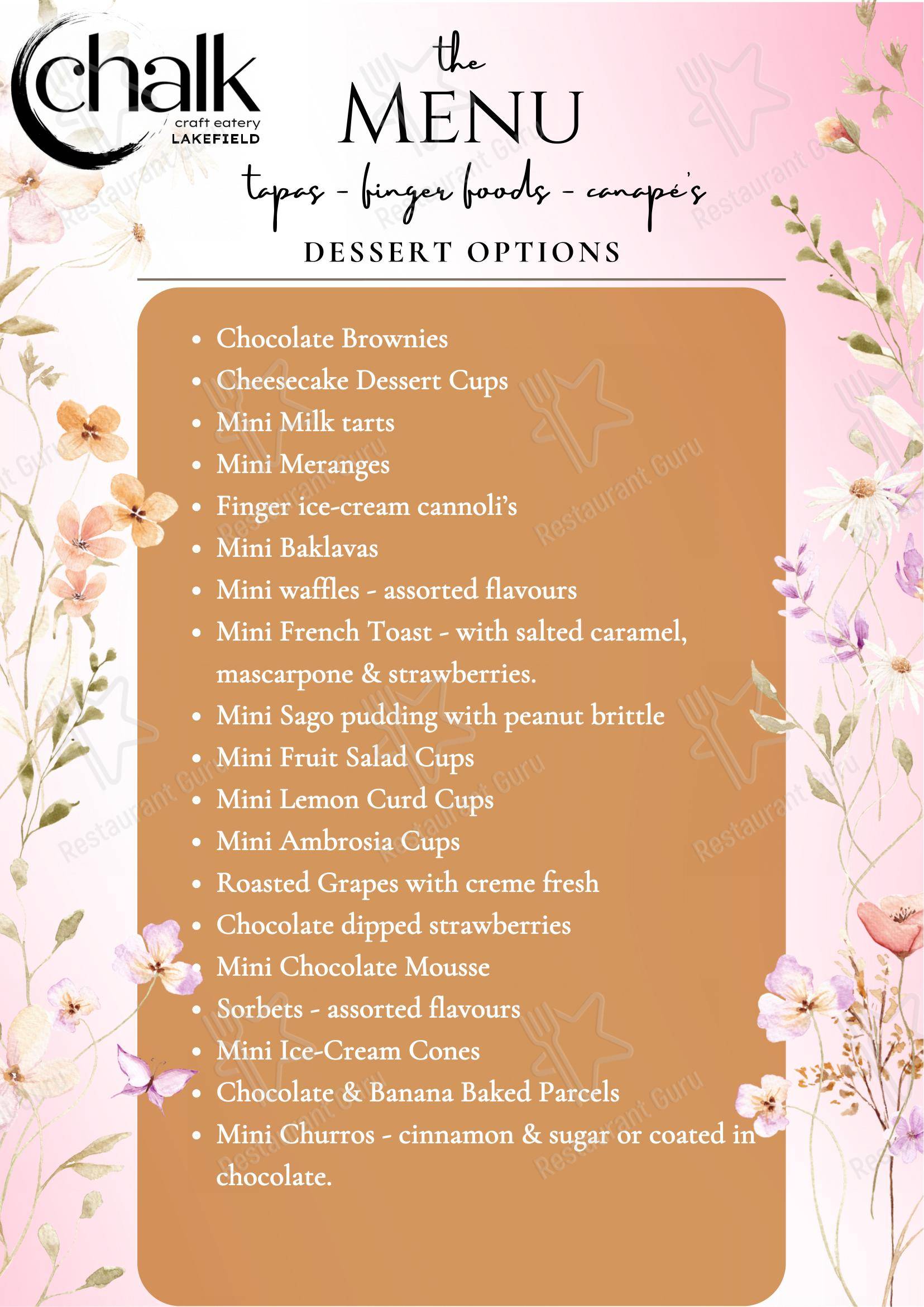 Menu au Chalk Craft Eatery - Lakefield pub et bar, Benoni