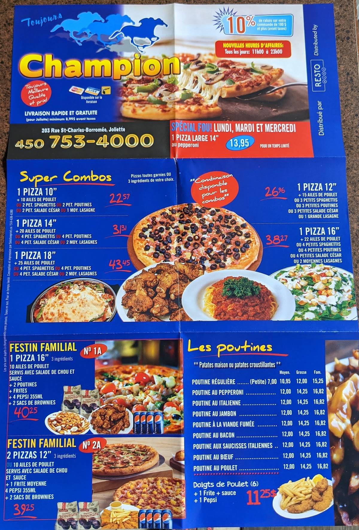 Menu au Champion Pizza pizzeria, Joliette