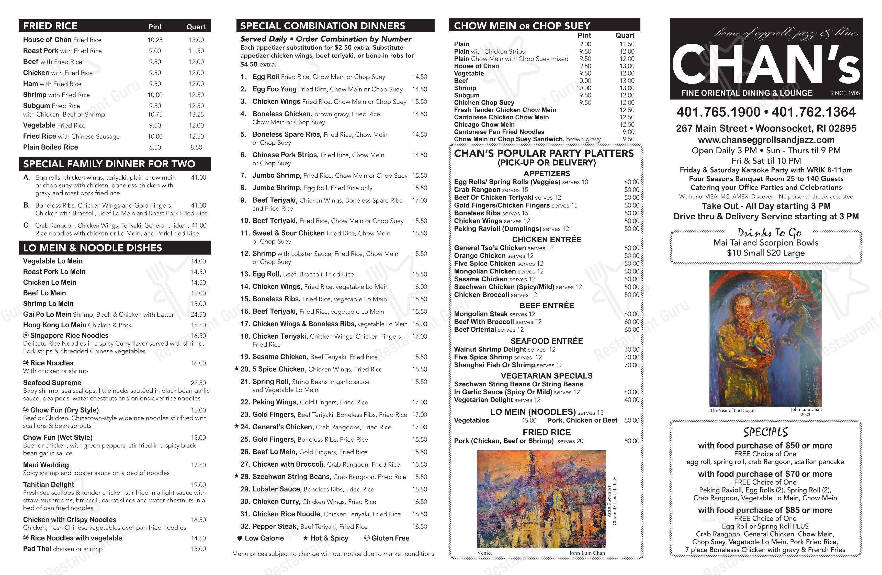 Menu at Chan's Fine Oriental Dining restaurant, Woonsocket