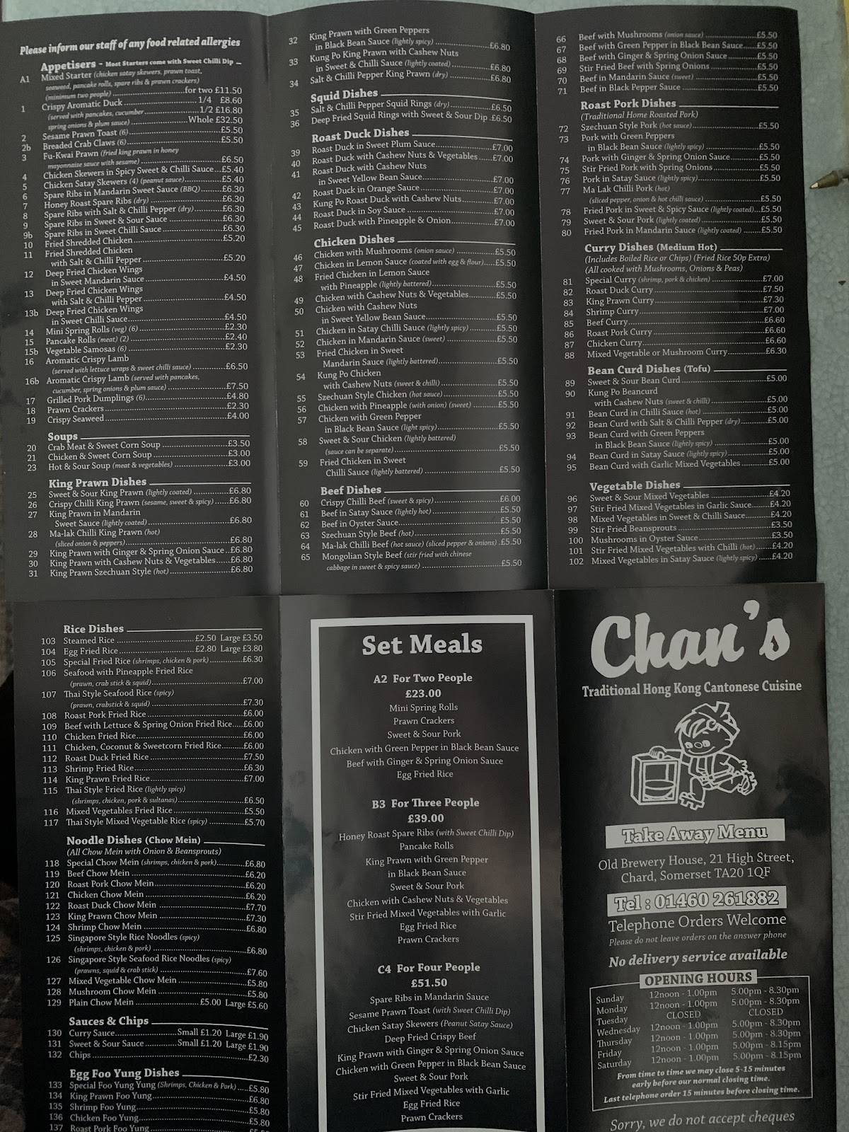 Menu at Chans fast food, Chard