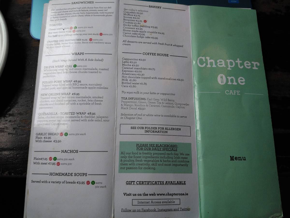 Menu at Chapter 1 cafe, Cavan, Unit 1