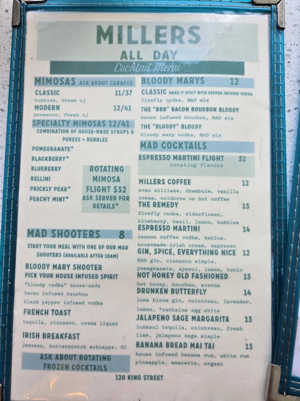 Menu at Millers All Day restaurant, Charleston