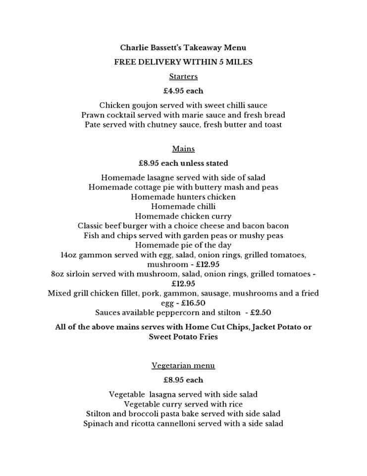 Menu at Charlie Bassett's pub & bar, Stoke-on-Trent