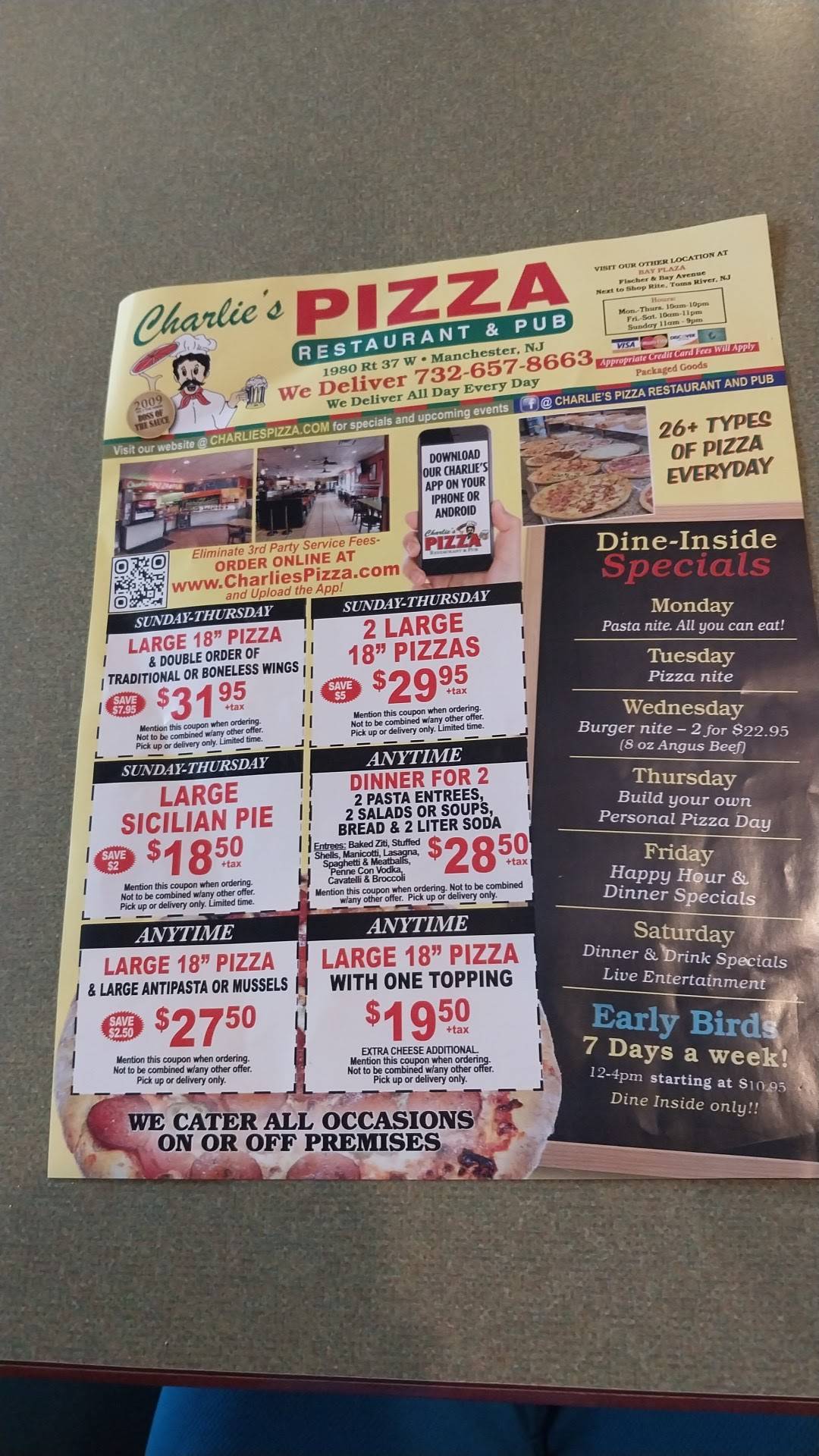 Menu at Charlie's Pizza pub & bar, Manchester Township, NJ-37