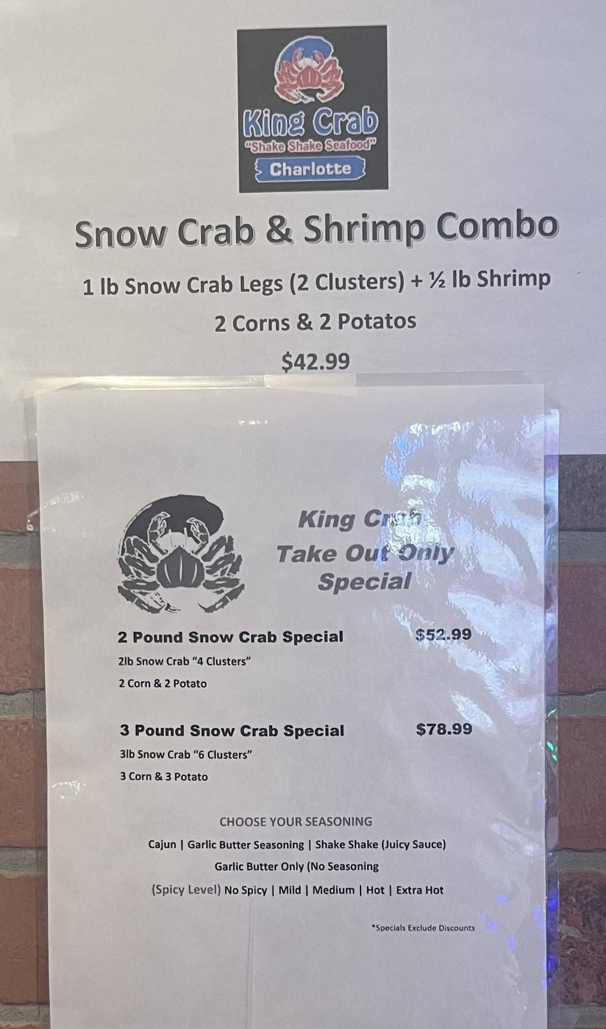 Menu at King Crab Shake Shake Seafood restaurant, Charlotte