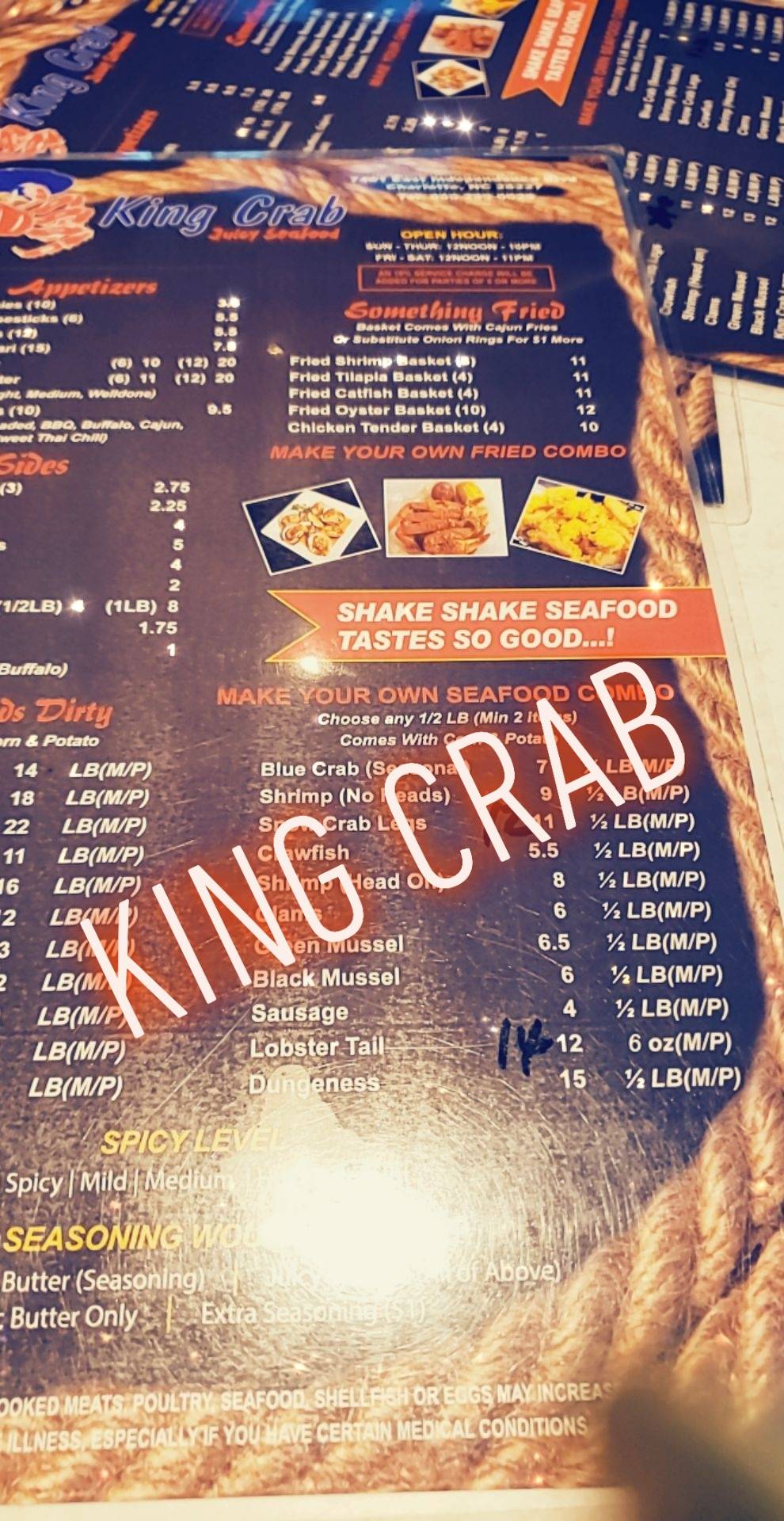 Menu at King Crab Shake Shake Seafood restaurant, Charlotte