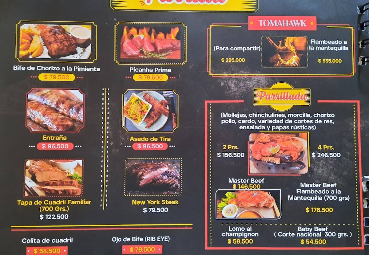 Carta de Charrua’s Parrilla, Cali, Cl. 18 #105-75