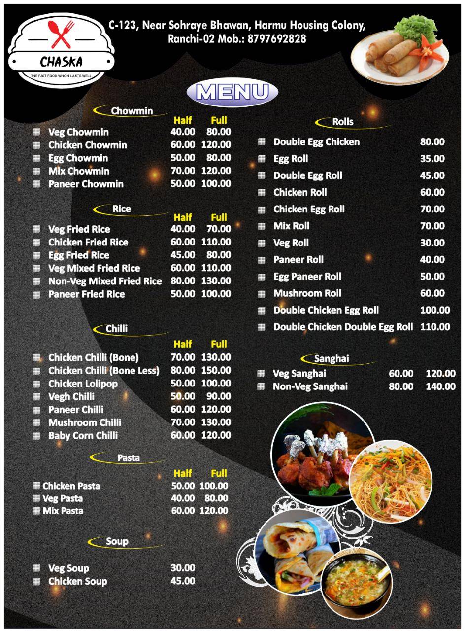 Menu at Chaska, Ranchi