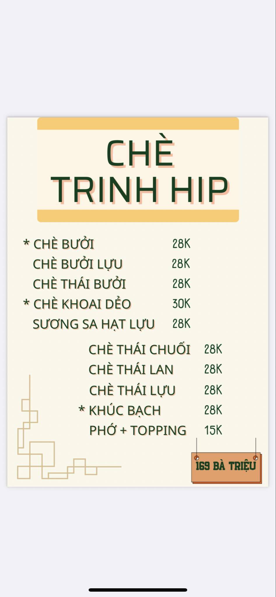 Menu at Chè Trinh Hip 169 Bà Triệu - Bưởi An Giang - Sương Sa Hạt Lựu ...