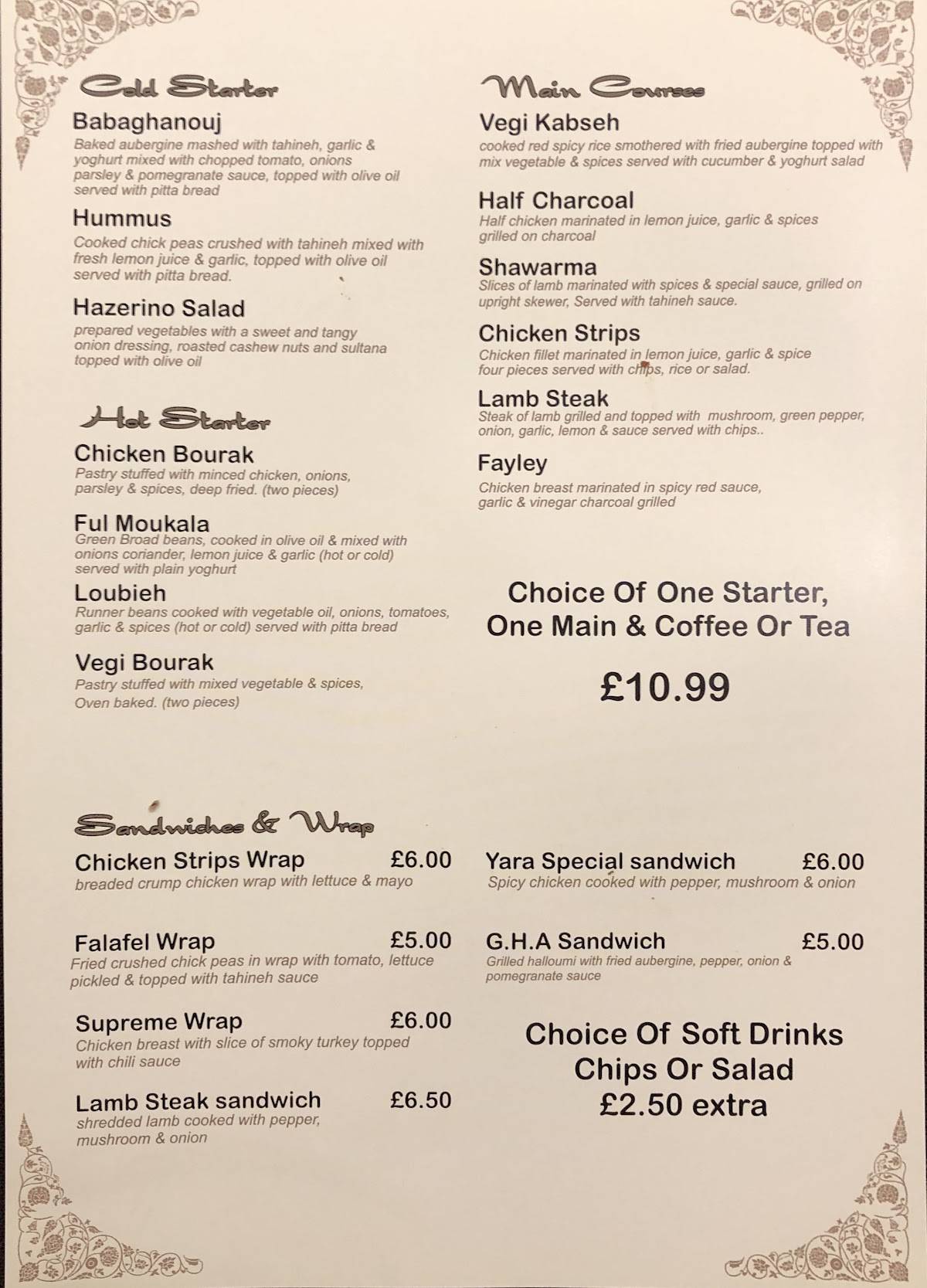 Menu at Yara Restaurant, Cheadle, 7 Wilmslow Rd