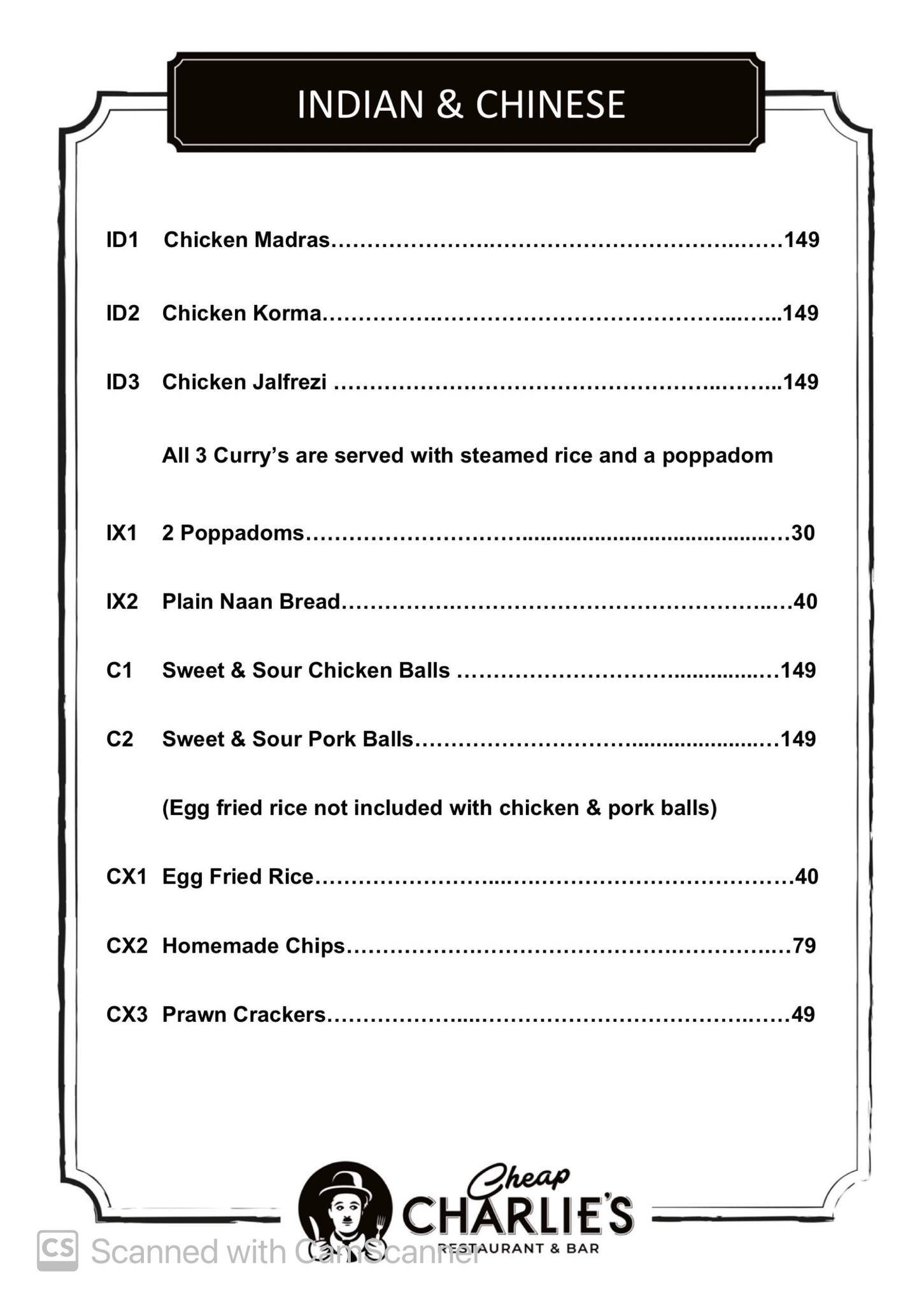 Menu at Cheap Charlie's restaurant, Pattaya City, 420/17 Soi Buakhao