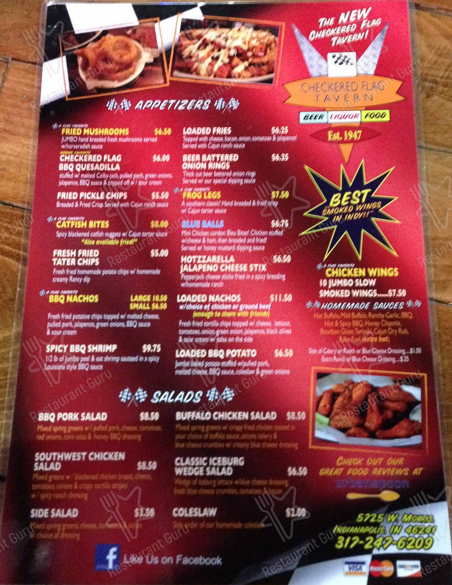 Menu at Checkered Flag Tavern pub & bar, Indianapolis