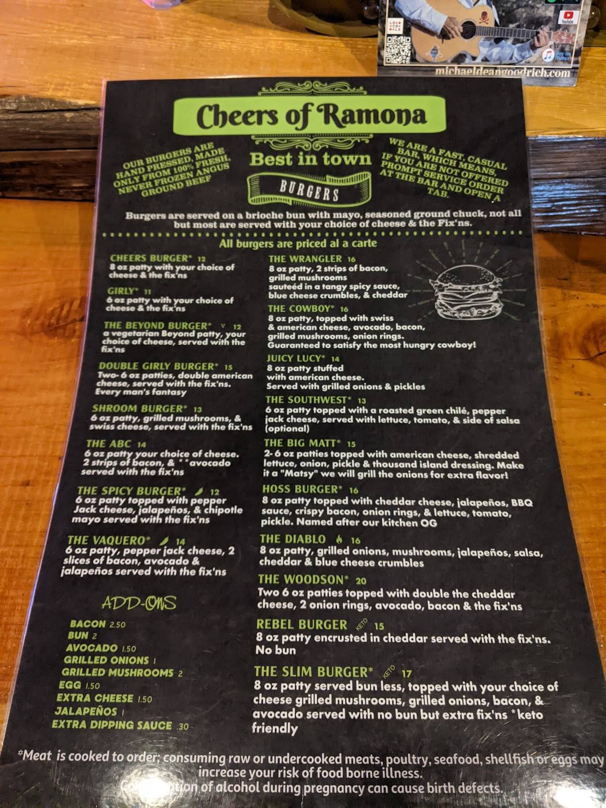 Menu at Cheers of Ramona pub & bar, Ramona, Main St