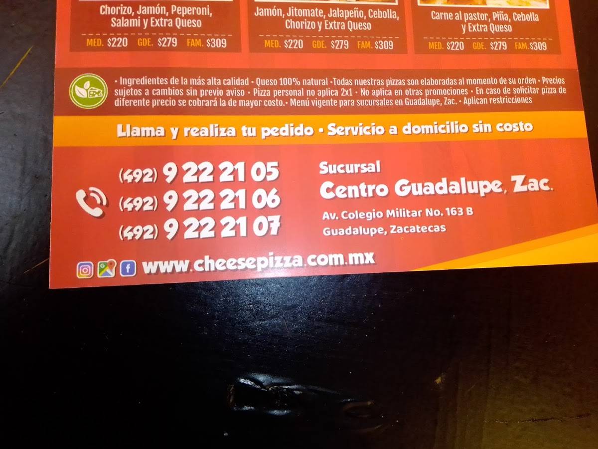 Carta del restaurante Cheese Pizza Centro Guadalupe, Guadalupe