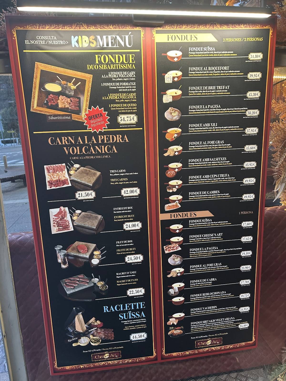 Carta del restaurante Cheese's Art Andorra, Les Escaldes