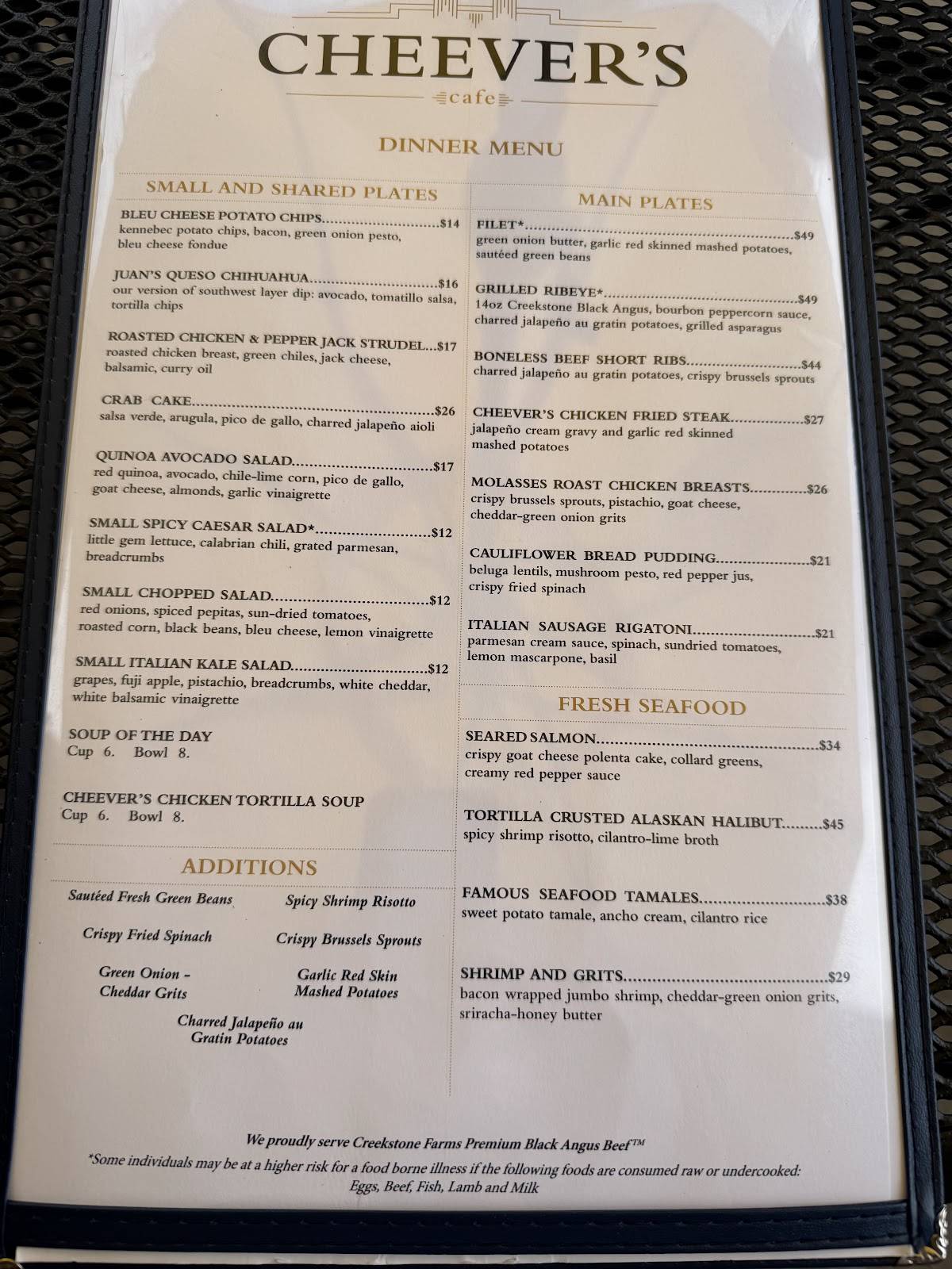Menu at Cheever's Cafe, Oklahoma City