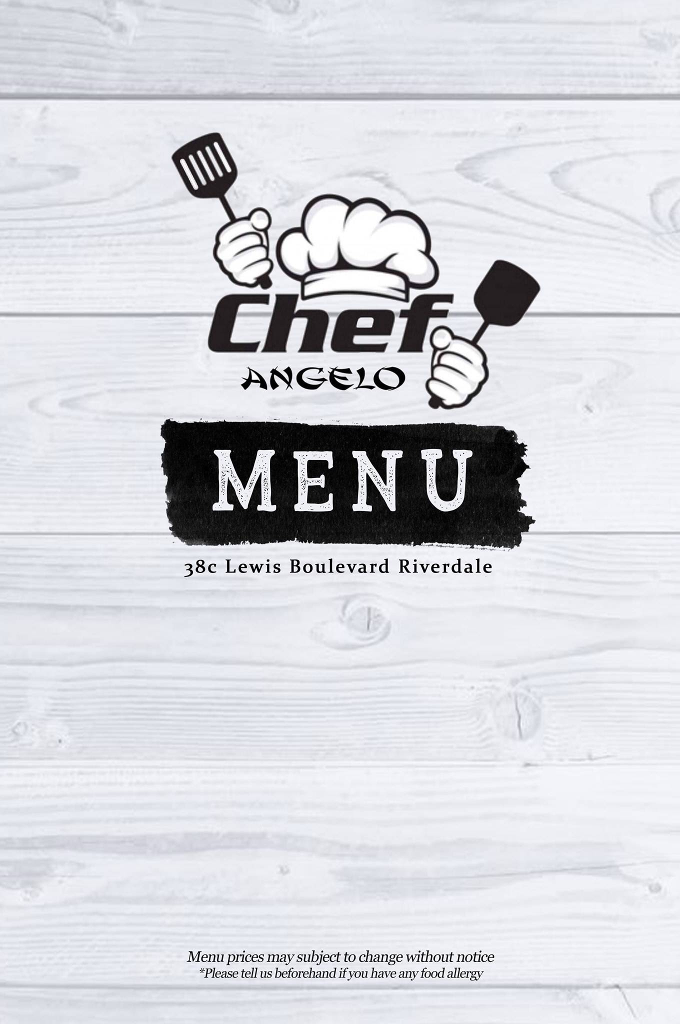 Menu at Chef Angelo restaurant, Whitehorse, 38 Lewes Blvd