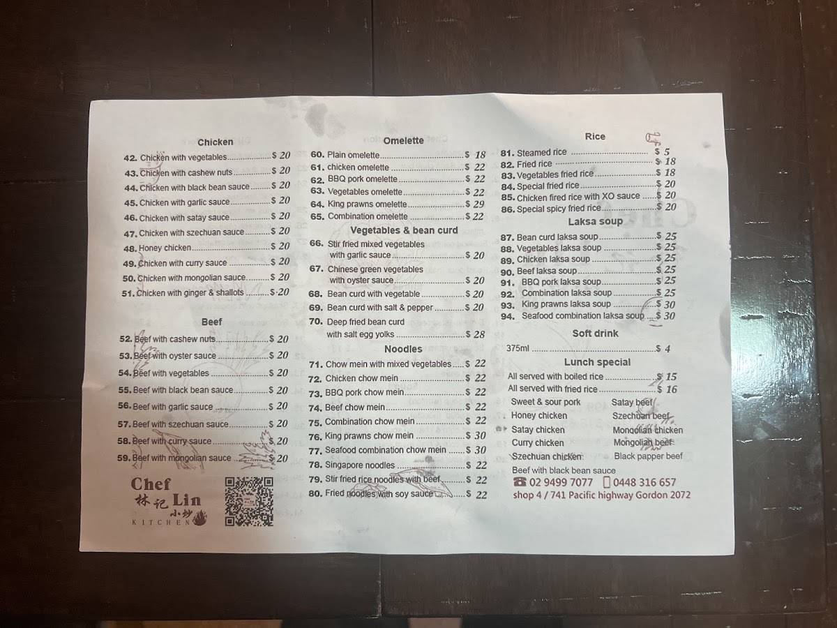 Menu at Chef Lin Kitchen 林记 restaurant, Gordon