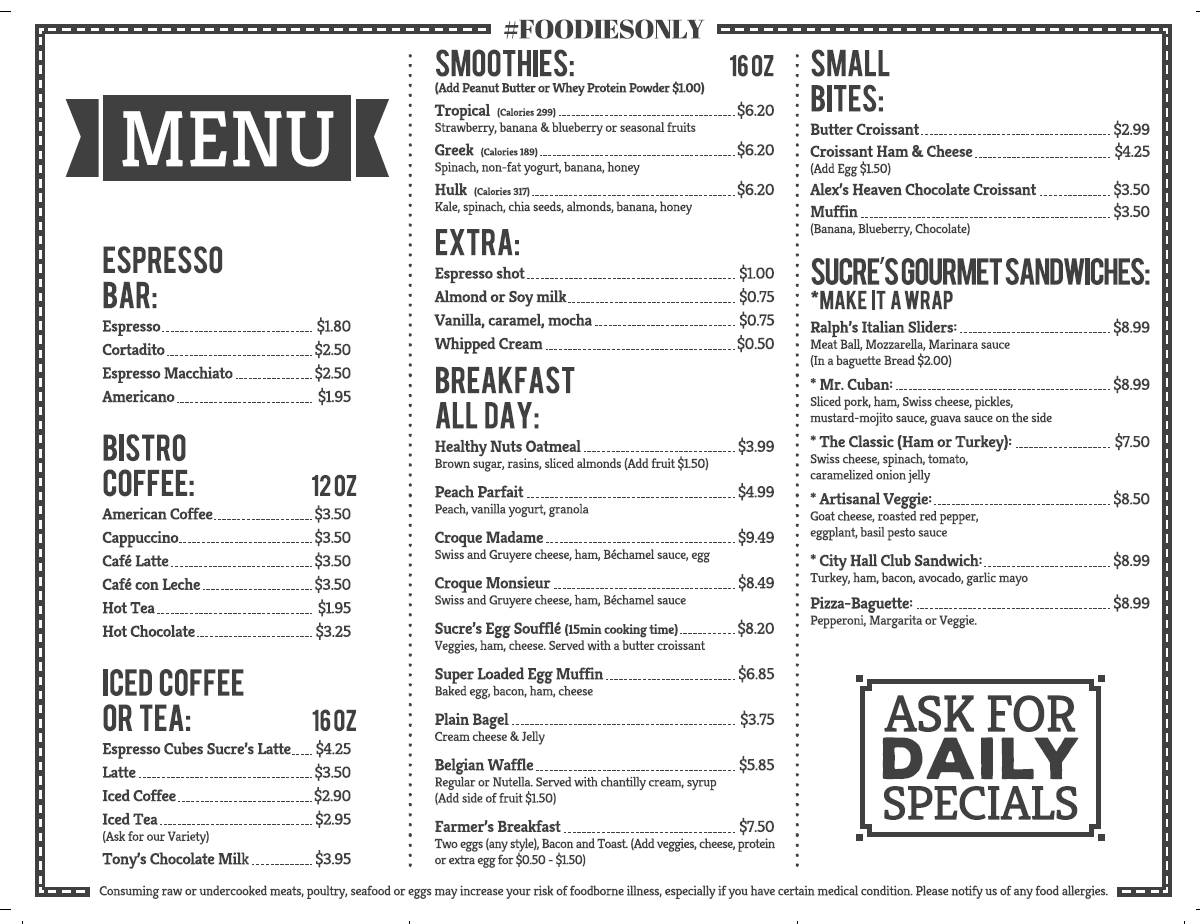 Menu at Chef Sucre Café cafe, Coral Gables