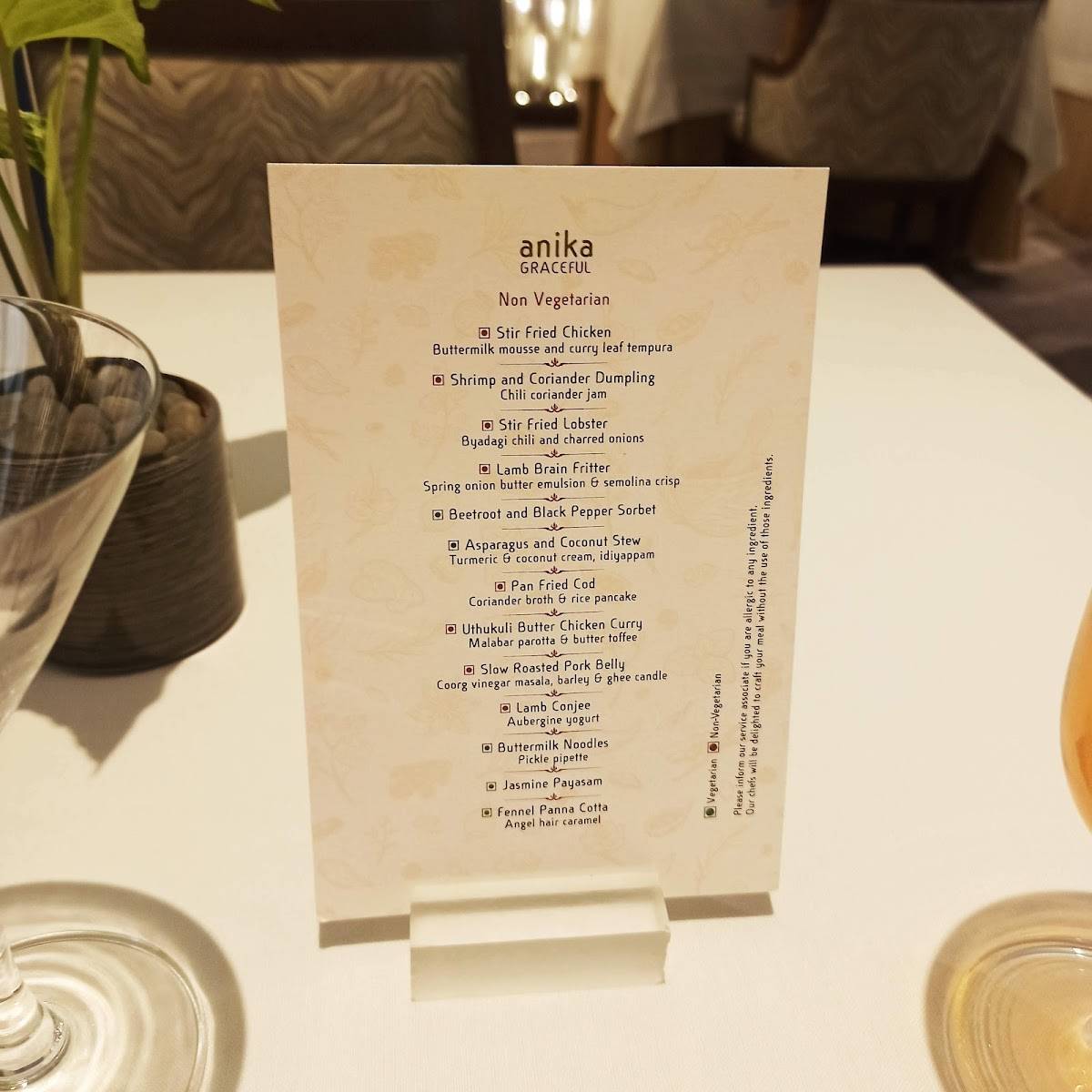 Menu at Avartana, Chennai