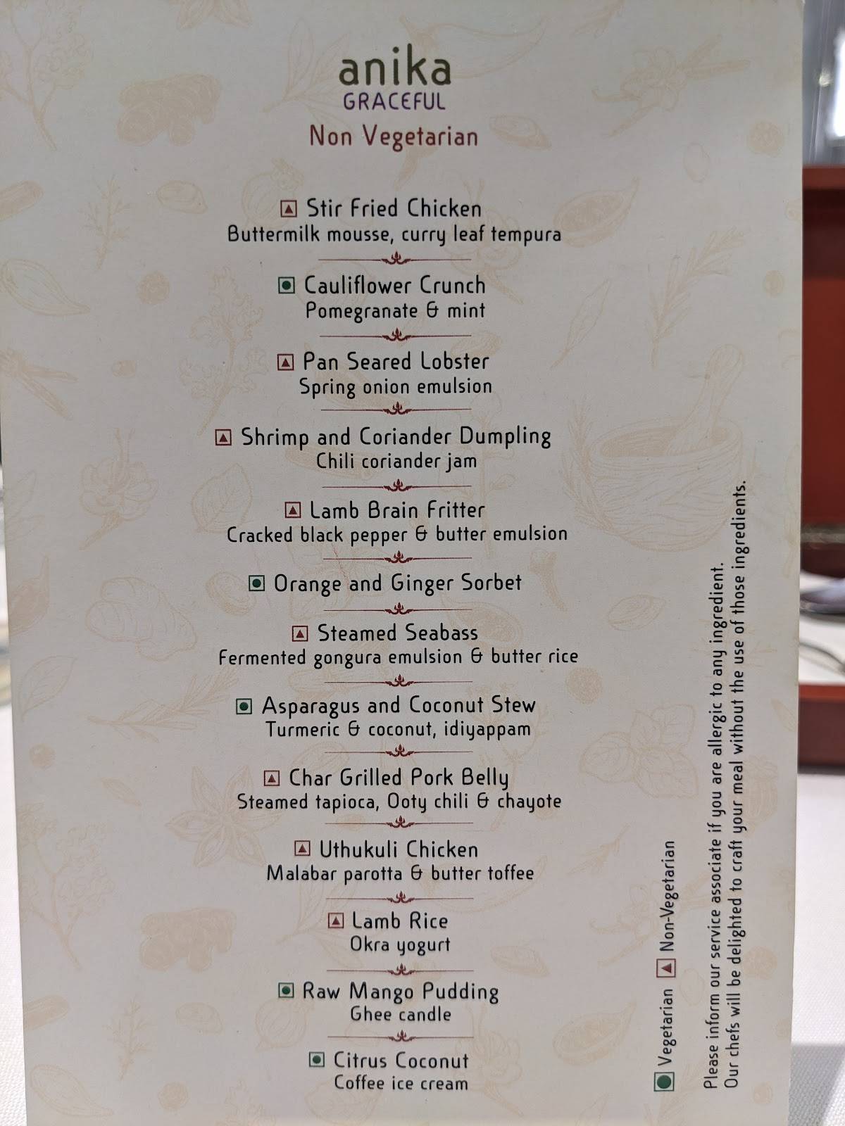 Menu at Avartana, Chennai