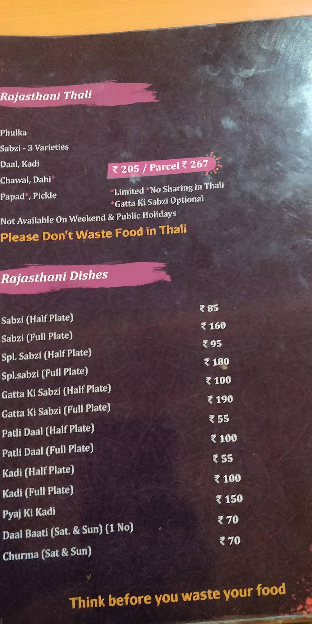 Menu at Shri Rajasthani Dhaba Restaurant, Chennai, 3rd Floor