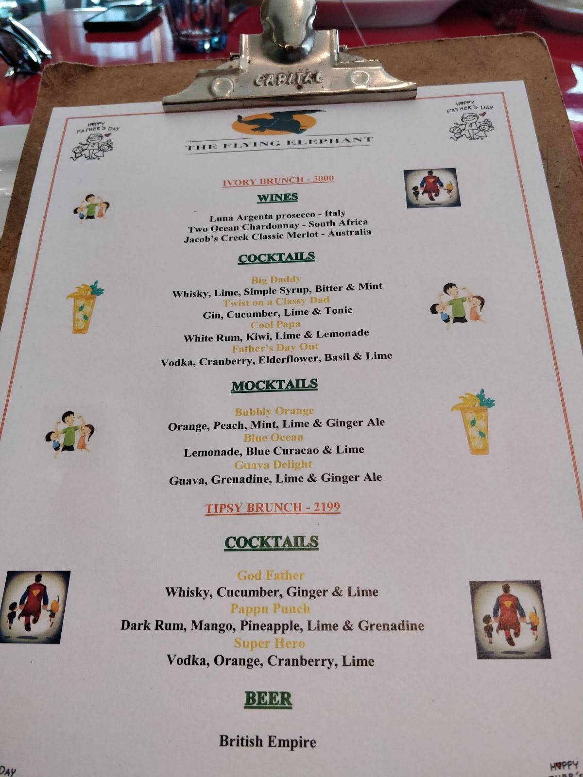 Menu at The Flying Elephant, Chennai, Raj Bhavan
