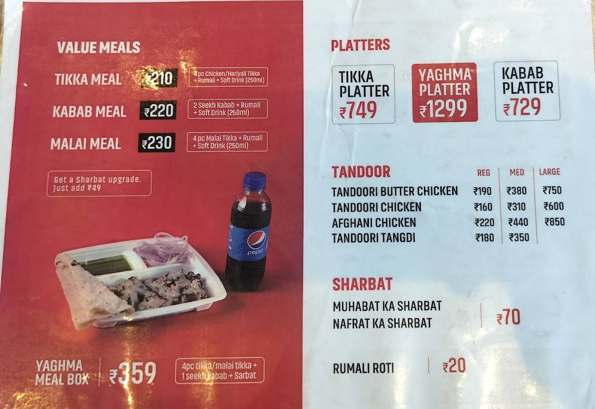 Menu at Yaghma Kababs, Chennai