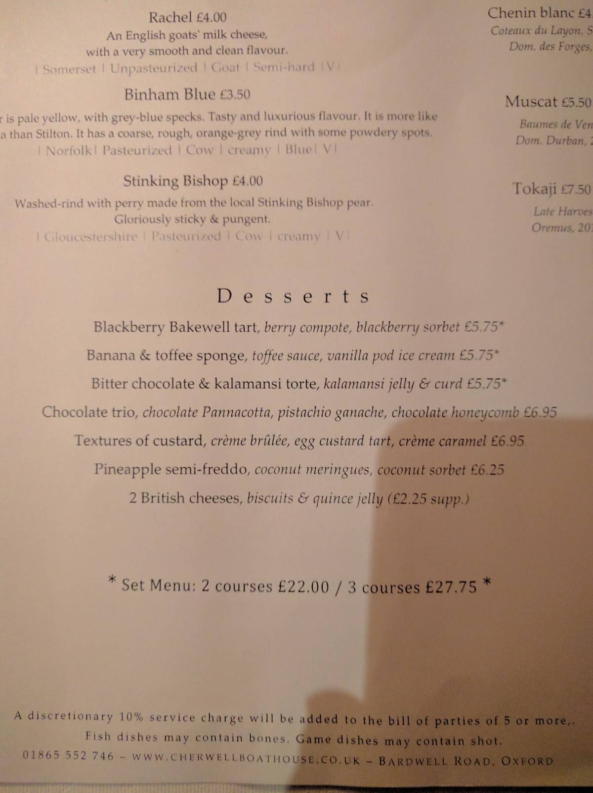 Menu at Cherwell Boathouse Restaurant, Oxford