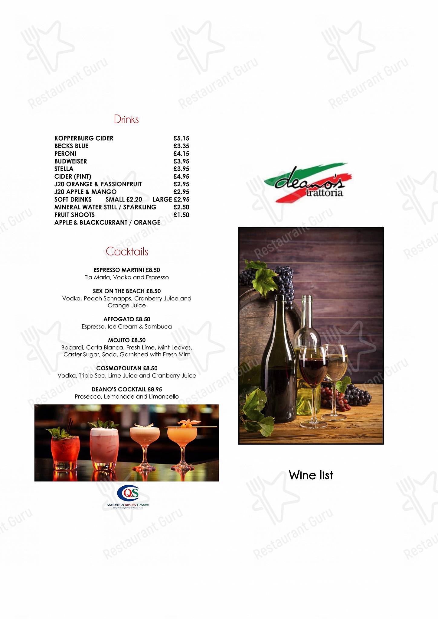 Menu at Da-Zero restaurant, Chester-le-Street