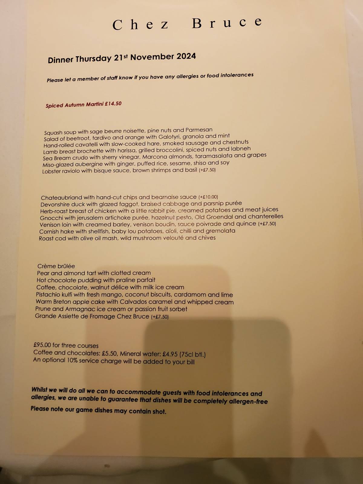 Menu at Chez Bruce restaurant, London