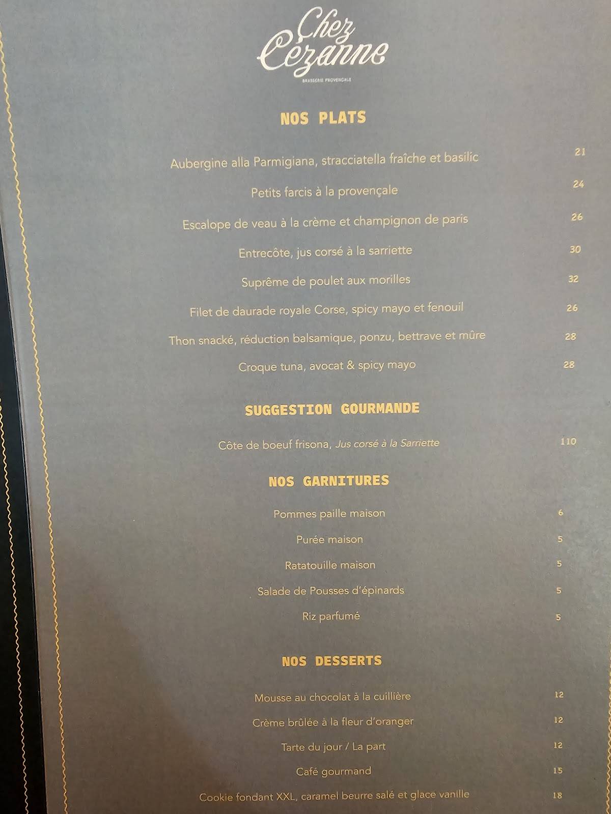 Menu at Chez Cézanne restaurant, Paris, 45 Av. Kléber