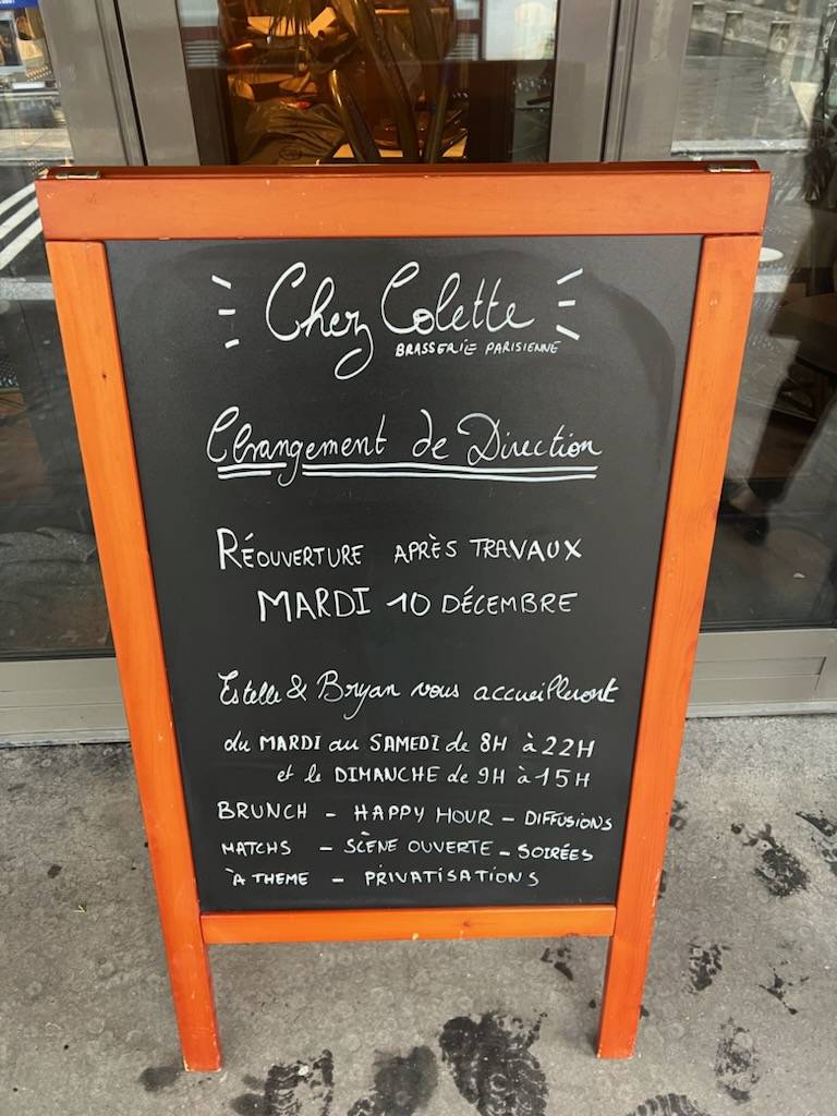 Menu at Chez Colette pub & bar, Paris, 74 Rue Daguerre