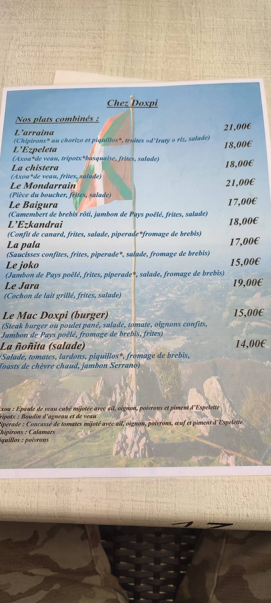 Menu au Chez Doxpi restaurant, Espelette, 80 Merkatu Plaza