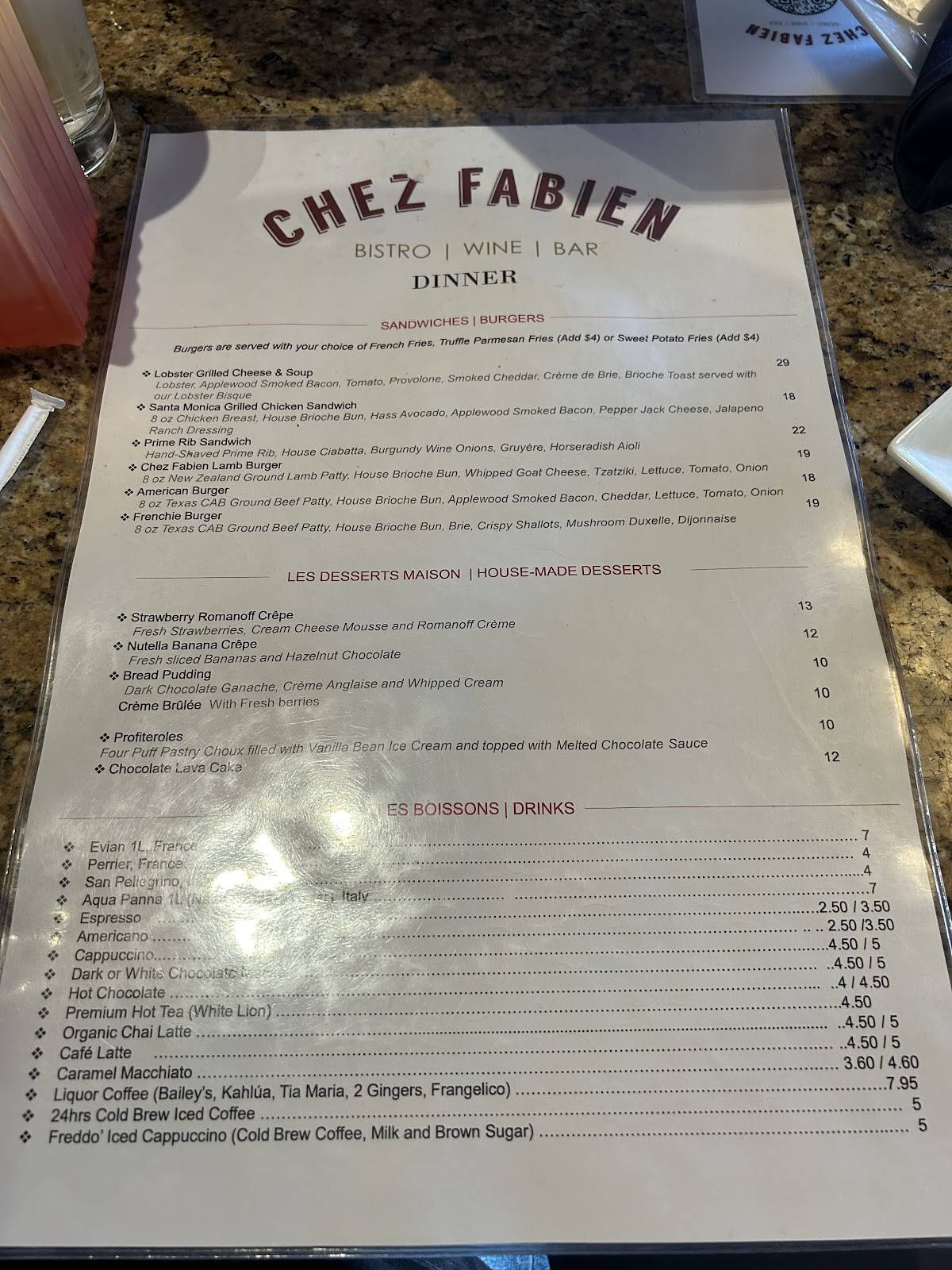 Carta del pub y bar Chez Fabien, Grapevine